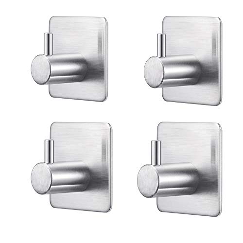 Adhesive Hooks Heavy Duty Waterproof Stainless Steel Wall Hooks for Towel ,Cloth,Coat Sticky Hanging Hooks 4 Sets for Bathroom,Bedroom,Kitchen,Door-4 Pack
