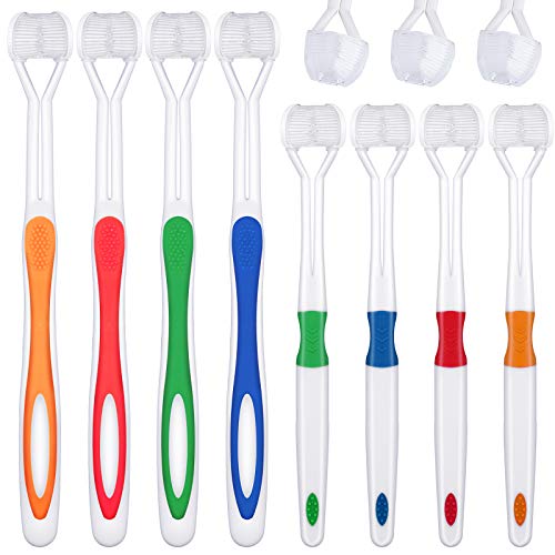 Patelai 8 Pieces Autism Toothbrush for Adult Kids Teeth Care Soft Toothbrush 3 Bristle Toothbrush Manual Toothbrush Nice Angle Bristles for Deep Cleaning Each Tooth, Red, Orange, Blue, Green