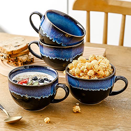 KOOV Ceramic Soup Mug, Soup Bowls with Handles Microwave Safe, 24 Ounce Jumbo Mug and Cereal Mugs Set of 4, Reactive Glaze (Nebula Blue)