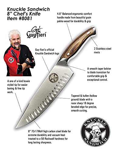 Ergo Chef Guy Fieri Knuckle Sandwich 8-Inch Chef's Knife 8081 Premium 7CR17MoV Stainless Steel Blade Hollow Ground blade Custom Style Tip, Ergonomic Pakkawood Handle