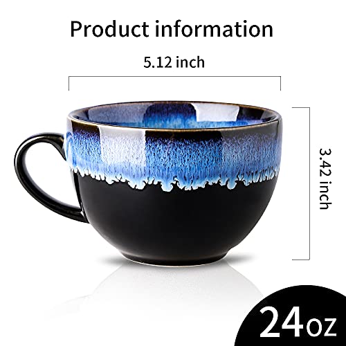 KOOV Ceramic Soup Mug, Soup Bowls with Handles Microwave Safe, 24 Ounce Jumbo Mug and Cereal Mugs Set of 4, Reactive Glaze (Nebula Blue)