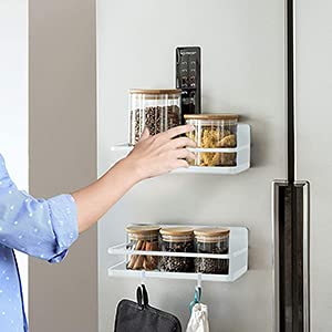 Gerguirry Magnetic Spice Racks White, Magnetic Shelves for Refrigerator Kitchen Shelf Organizers and Storage with 4 Removable Hooks Easy to Install(2 Pack