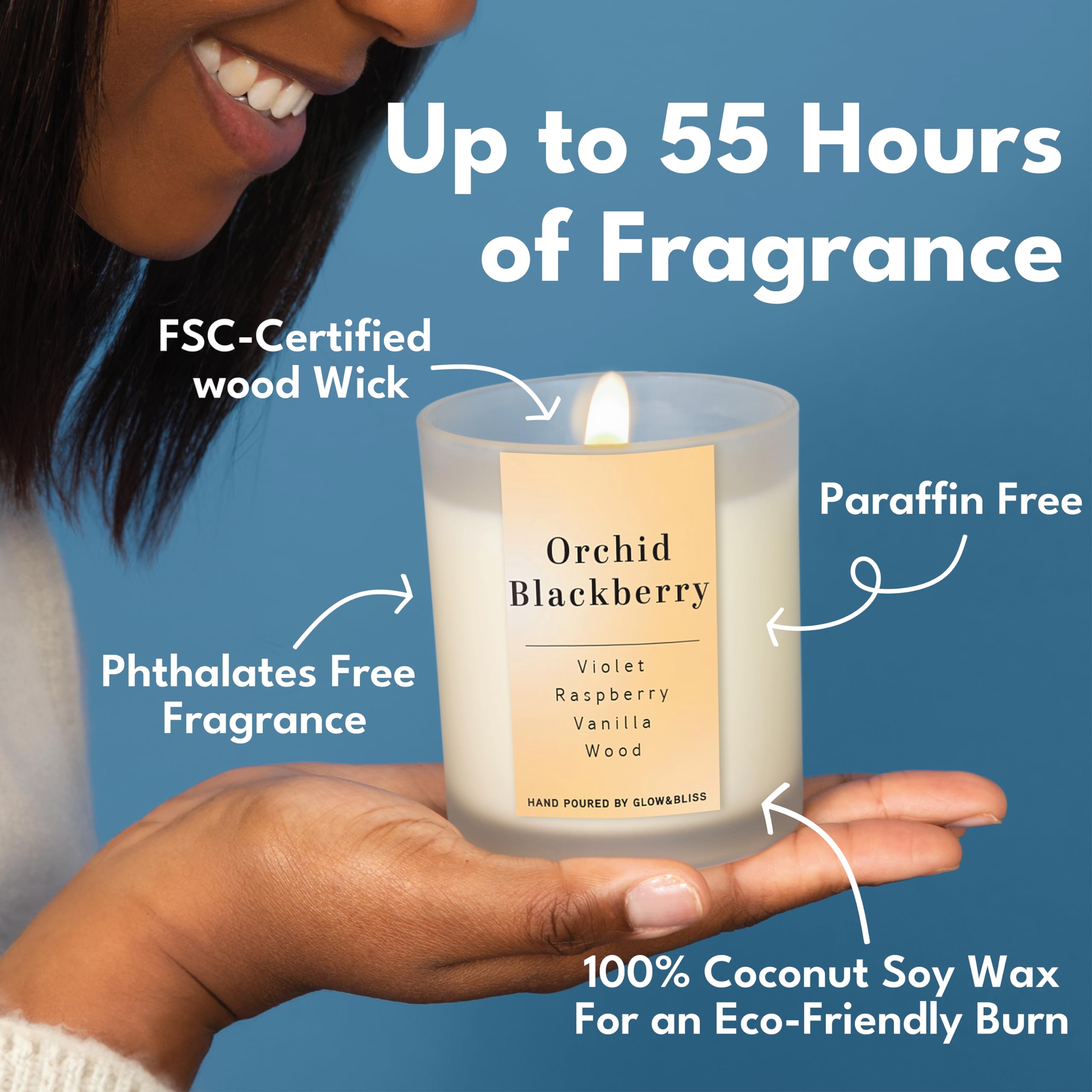 GLOW & BLISS Scented Candles - Jar Soy Candles for Home Scented, Wood Wicked Candles with 45-55 Hour Burn Time, Hand-Poured & All Natural Soy Coconut Wax - Orchid Black Berry (8 oz)