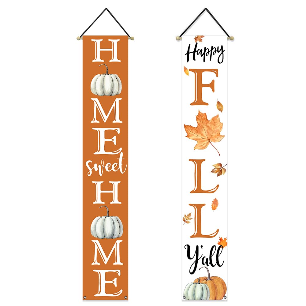 CROWNED BEAUTY Fall Porch Banner Sign Sweet Home Happy Fall Yall 12x70 Inch Indoor Outdoor Seasonal Hanging Front Door Farmhouse Wall Decoration CS078-12, Orange