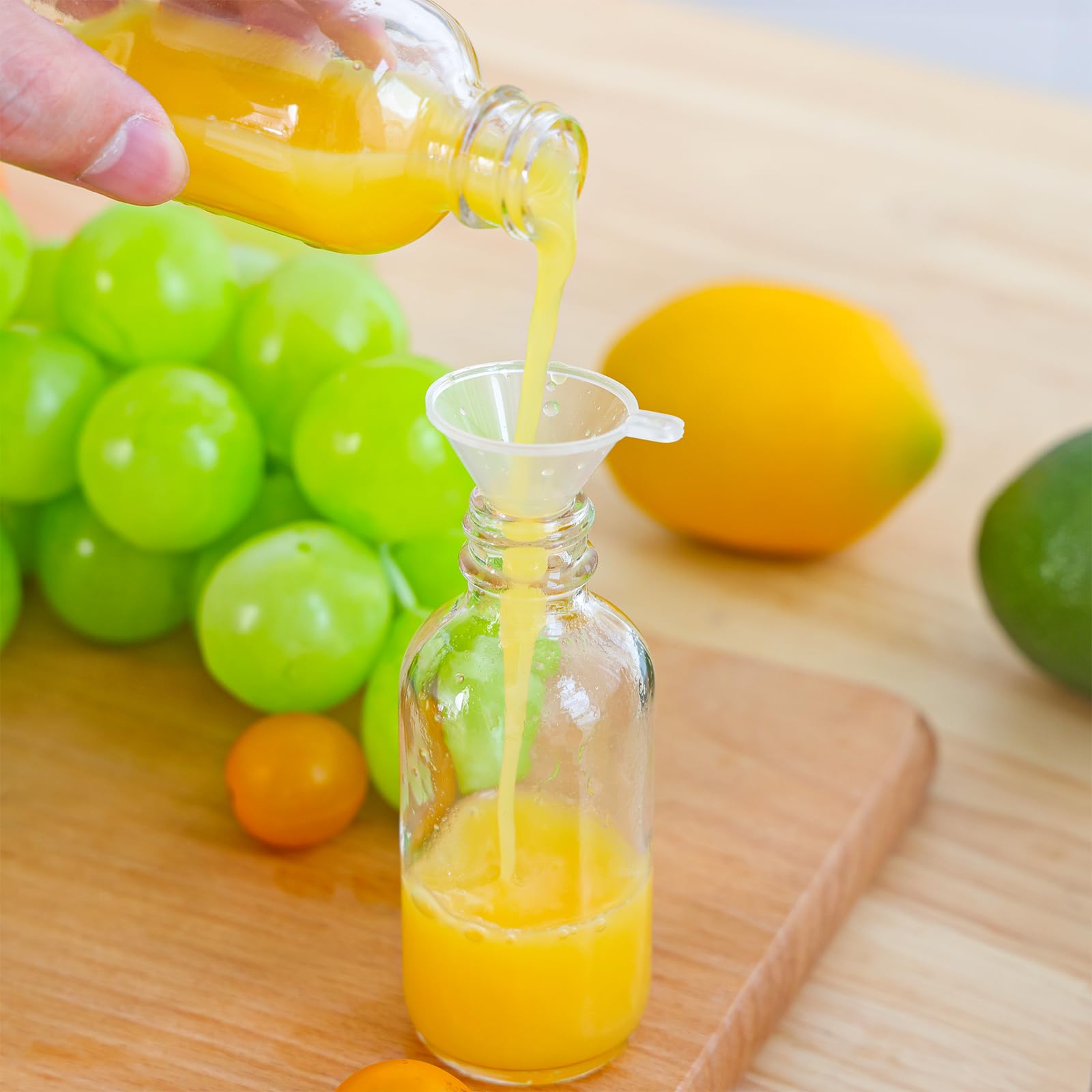 CUCUMI 8pcs Glass Bottles with Caps, 2oz Small Glass Juice Bottles, Shot Bottles with Caps, Small Glass Jars with Lids, Funnels, Waterproof Stickers and Brush