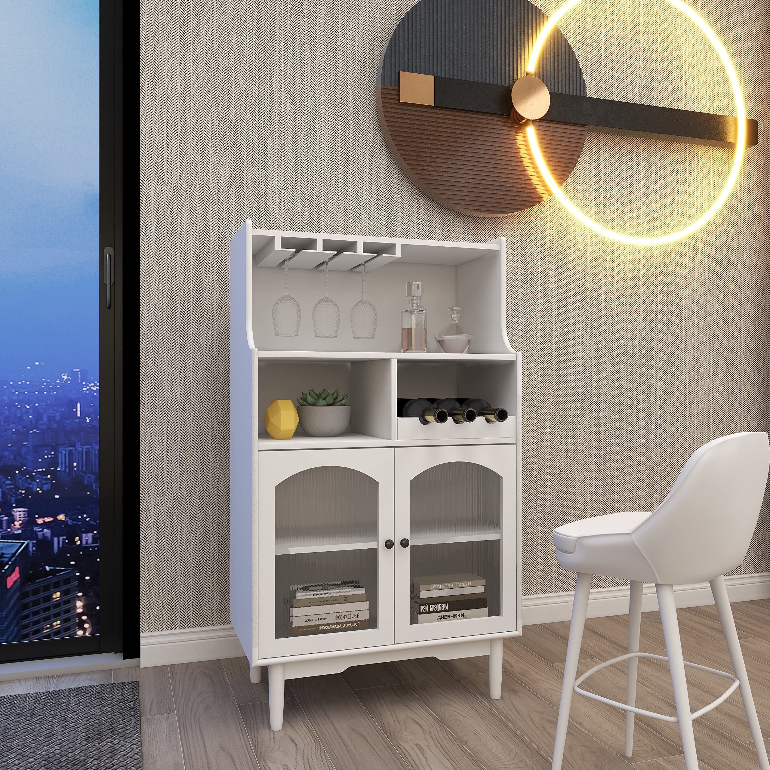 Loscear Liquor Bar Cabinet with Lower Glass Door and Removable Wine and Glass Rack, Liquor Cabinet Bar for Home with Solid Wood Legs