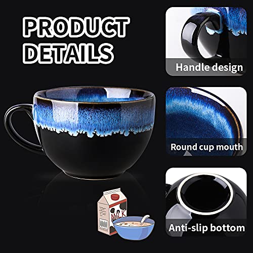 KOOV Ceramic Soup Mug, Soup Bowls with Handles Microwave Safe, 24 Ounce Jumbo Mug and Cereal Mugs Set of 4, Reactive Glaze (Nebula Blue)