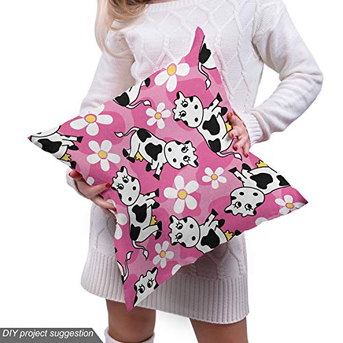 Lunarable Cow Fabric by The Yard, Cartoon Pattern Domestic Farm Animal and Daisy Flowers, Decorative Fabric for Upholstery and Home Accents, 2 Yards, Pink Charcoal Grey
