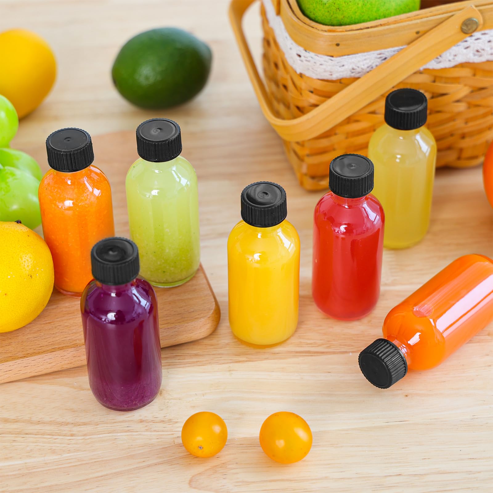 CUCUMI 8pcs Glass Bottles with Caps, 2oz Small Glass Juice Bottles, Shot Bottles with Caps, Small Glass Jars with Lids, Funnels, Waterproof Stickers and Brush