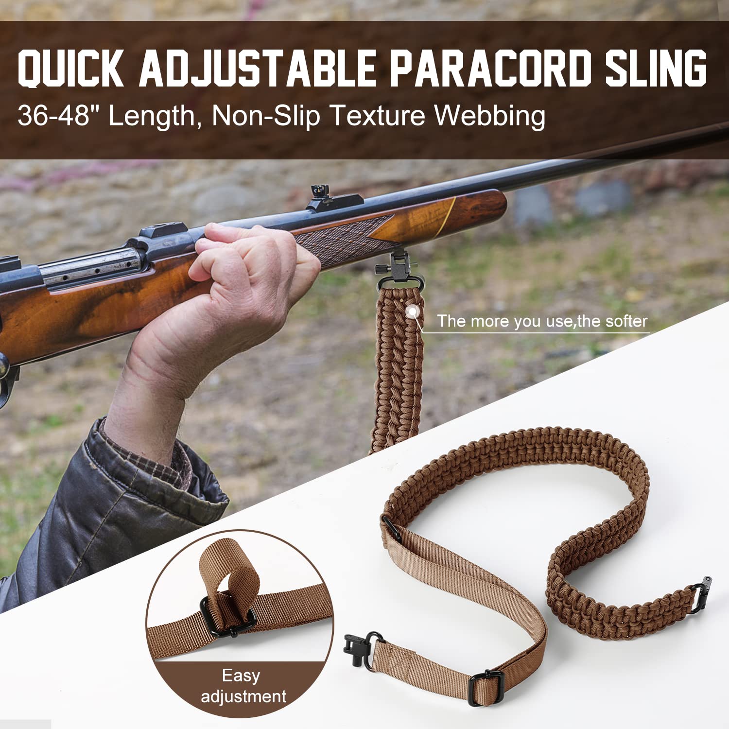 VVAAGG Two-Point Gun Sling with Swivels, Non-Slip Paracord Rifle Sling with Quick Adjustable Length Rifle Strap