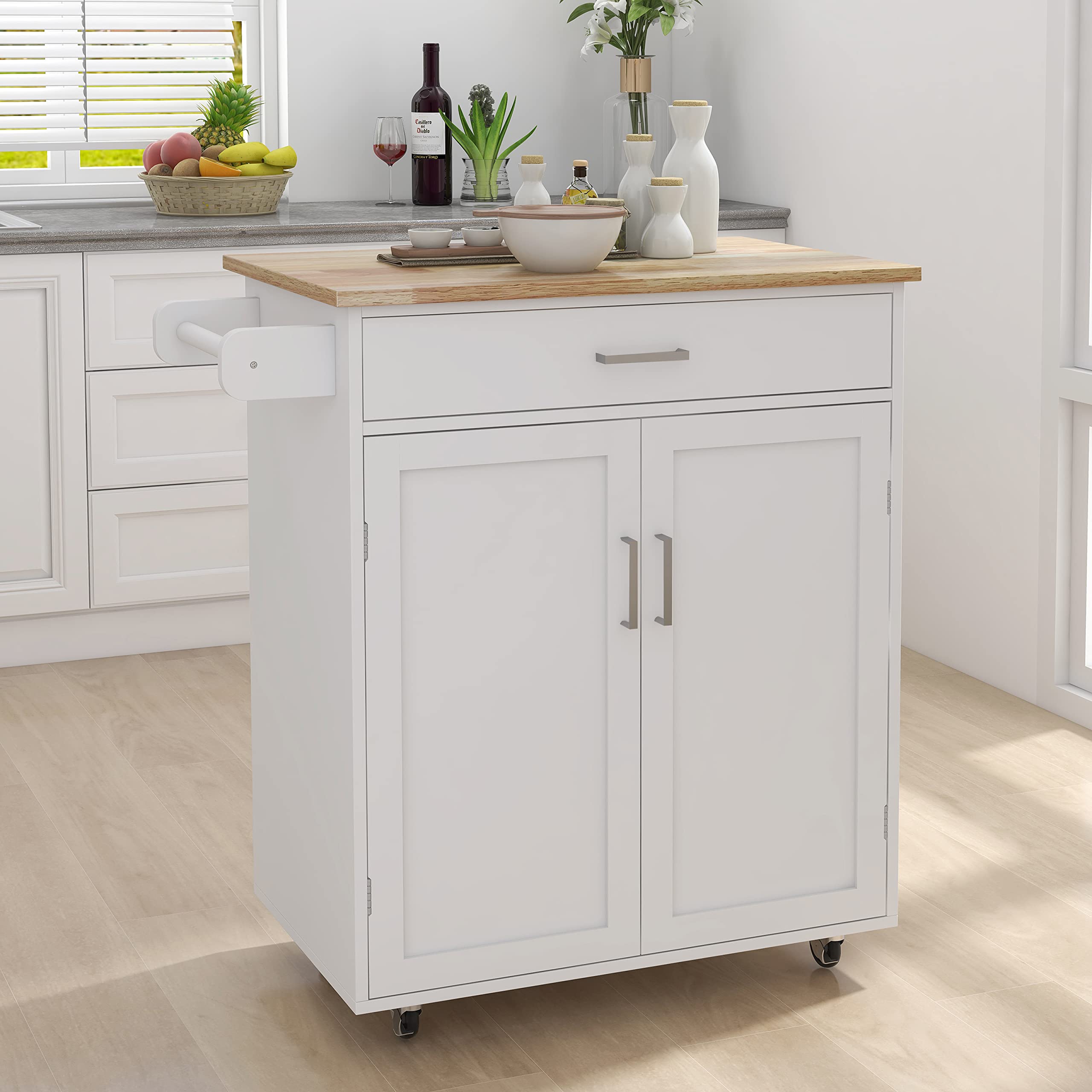 RASOO Kitchen Island on Wheels White Rolling Trolley Cart Island Cart Storage Cabinet with Rubber Solid Wood Countertop One Drawer and 2 Doors Towel Rack, 32.68"x17.72"x36.02"(LxWxH)