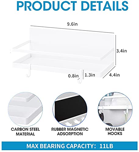 Gerguirry Magnetic Spice Racks White, Magnetic Shelves for Refrigerator Kitchen Shelf Organizers and Storage with 4 Removable Hooks Easy to Install(2 Pack