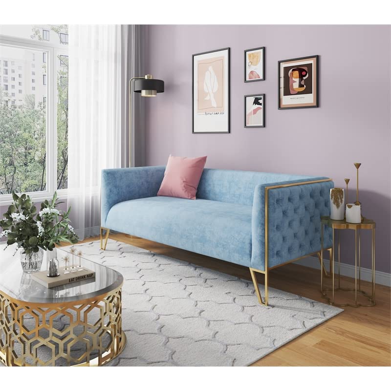 Manhattan Comfort Vector Mid Century Modern Velvet Upholstered Living Room Loveseat, 81.5", Ocean Blue