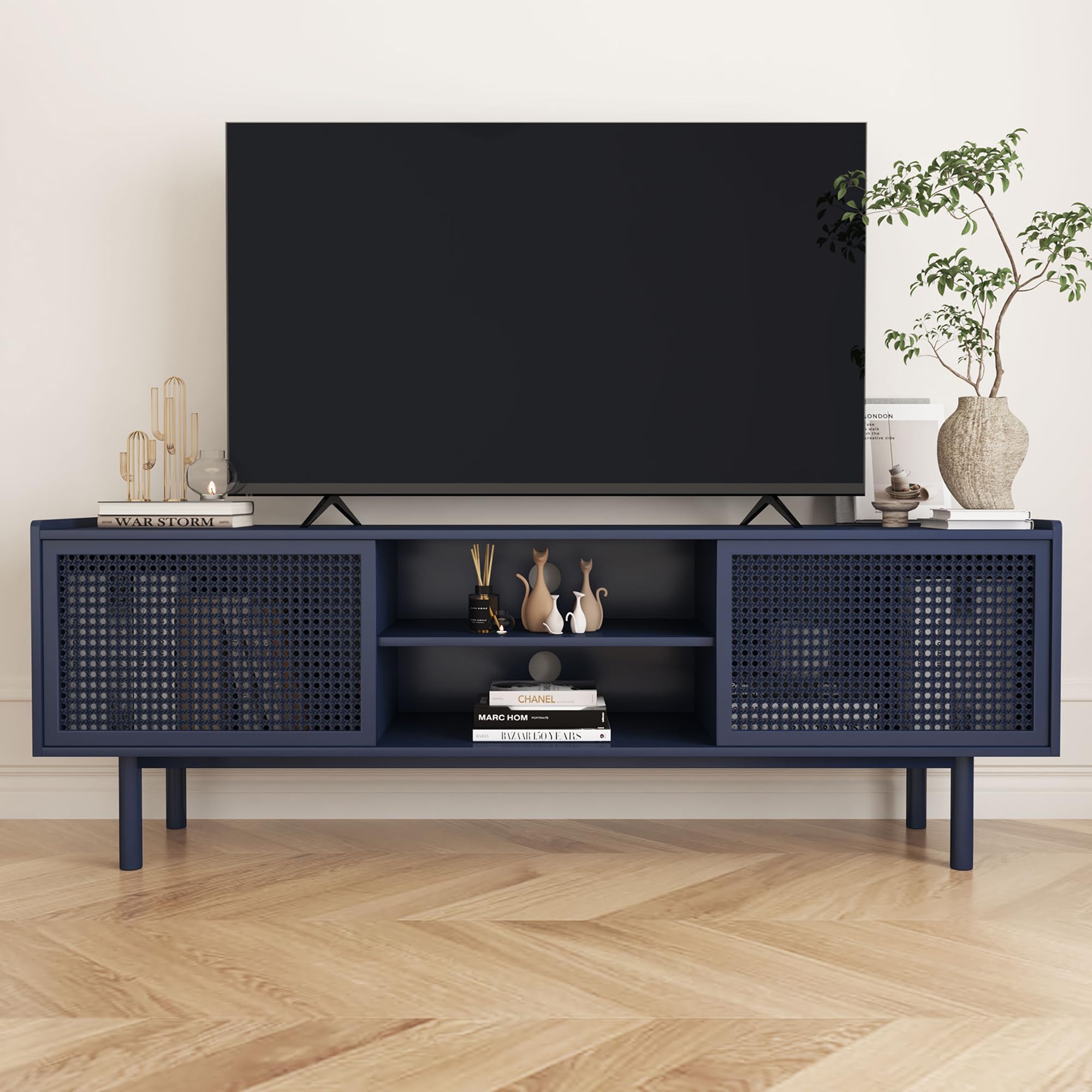 ORRD TV Stand for TVs Up to 70 Inch, Accent Iron Rattan Storage Cabinet Television Stands Entertainment Media Center Console Table with Sliding Barn Door and Adjustable Shelves for Living Room
