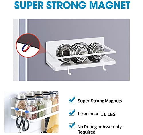 Gerguirry Magnetic Spice Racks White, Magnetic Shelves for Refrigerator Kitchen Shelf Organizers and Storage with 4 Removable Hooks Easy to Install(2 Pack
