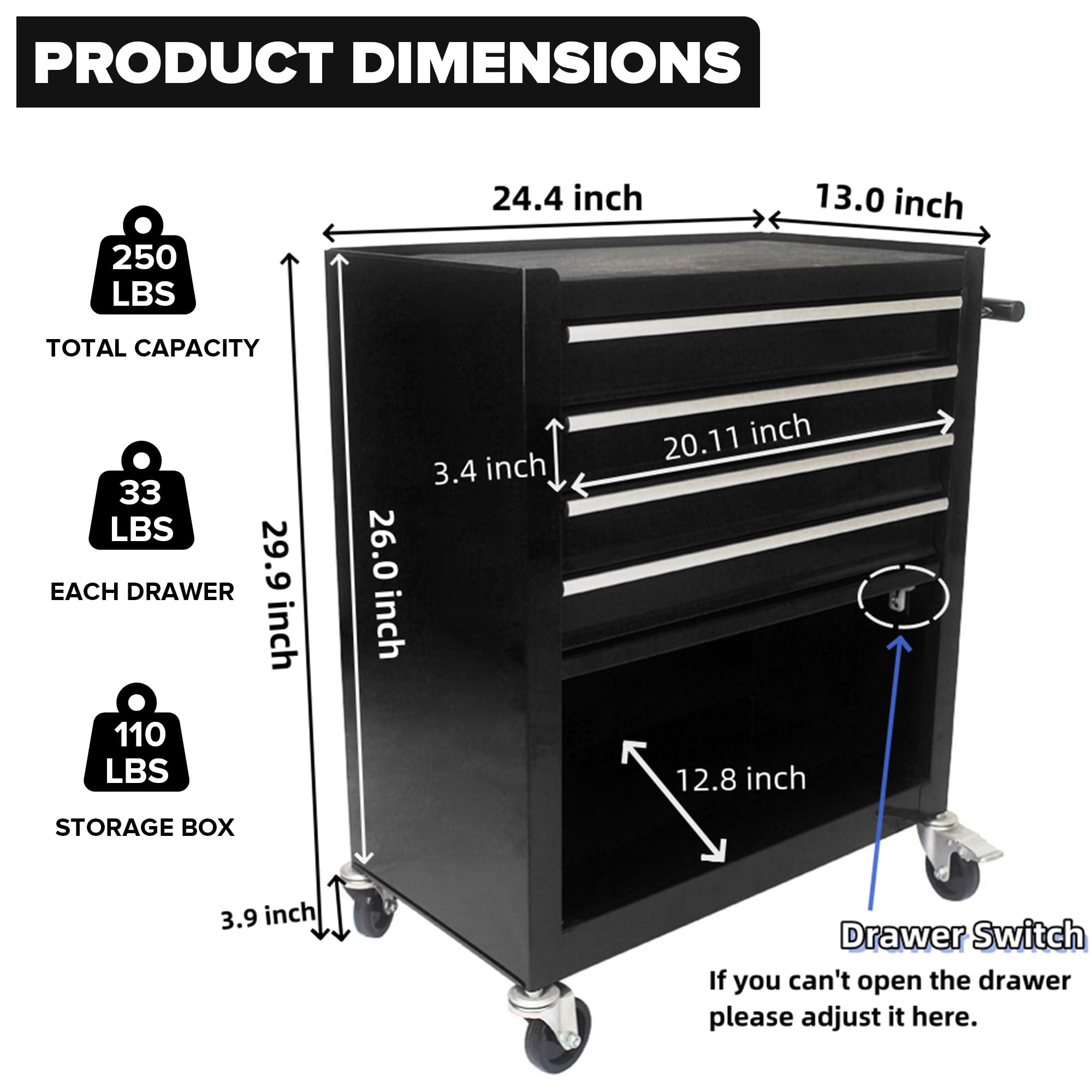 nifoti 4 Drawers Tool Cart on Wheels,Rolling Tool Box Tool Storage, Drawers Rolling Tool Box Organizer Tool Case for Garage, Warehouse, Workshop, Repair Shop (4 Drawers(Black))