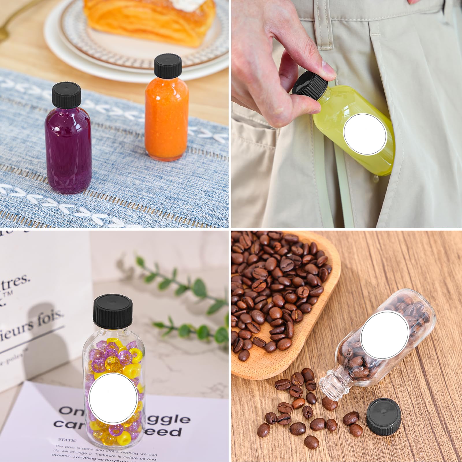 CUCUMI 8pcs Glass Bottles with Caps, 2oz Small Glass Juice Bottles, Shot Bottles with Caps, Small Glass Jars with Lids, Funnels, Waterproof Stickers and Brush