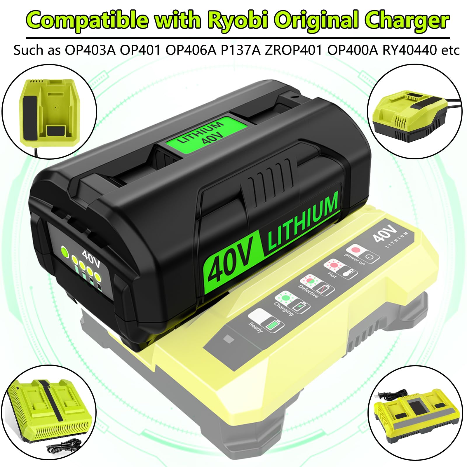 MVMOD 40V 6500mAh Replacement Battery for Ryobi, 40 Volt Battery for Ryobi 40V Power Tools OP4040 OP4026 OP4015 OP4030 OP4050 OP4060A RY40200 RY40403 RY40204 Lithium ion Battery for Ryobi