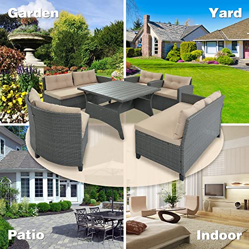 ERYE 6 Pieces Patio Conversation Furniture Sets Outdoor PE Rattan Wicker Sofa & Dining Table Group, 6Pcs All Weather Garden Seating Sectional with Rectangular Table, Armchairs, Loveseats and Corner