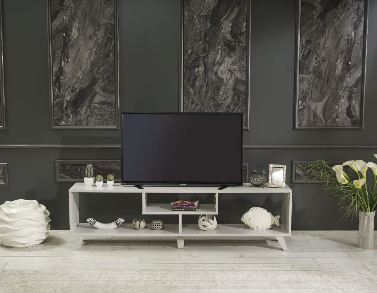 Petfu Mid Century Modern 67'' TV Stand,Media Console,Open Shelving,Entertainment Centre TV Unit for 65'',55'',50'',40'',Living Room,Bedroom,Entertainment Place,Solid Wood,Grey