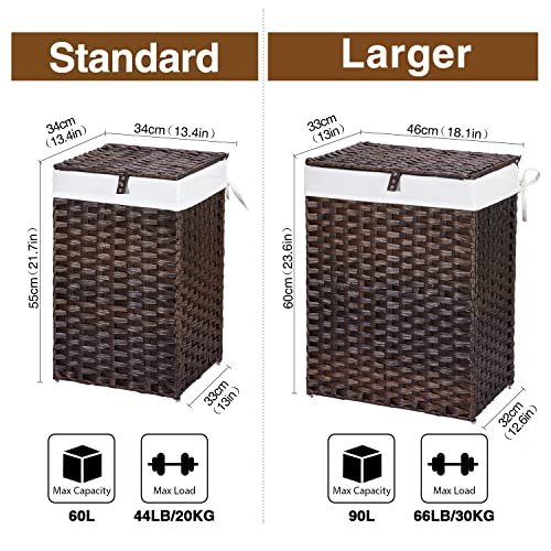 GREENSTELL Laundry Hamper with Lid, 90L Clothes Hamper with 2 Removable Liner Bags & 2 Mesh Laundry Bags, Handwoven Synthetic Rattan Laundry Basket for Clothes, Toys in Bathroom, Bedroom Brown