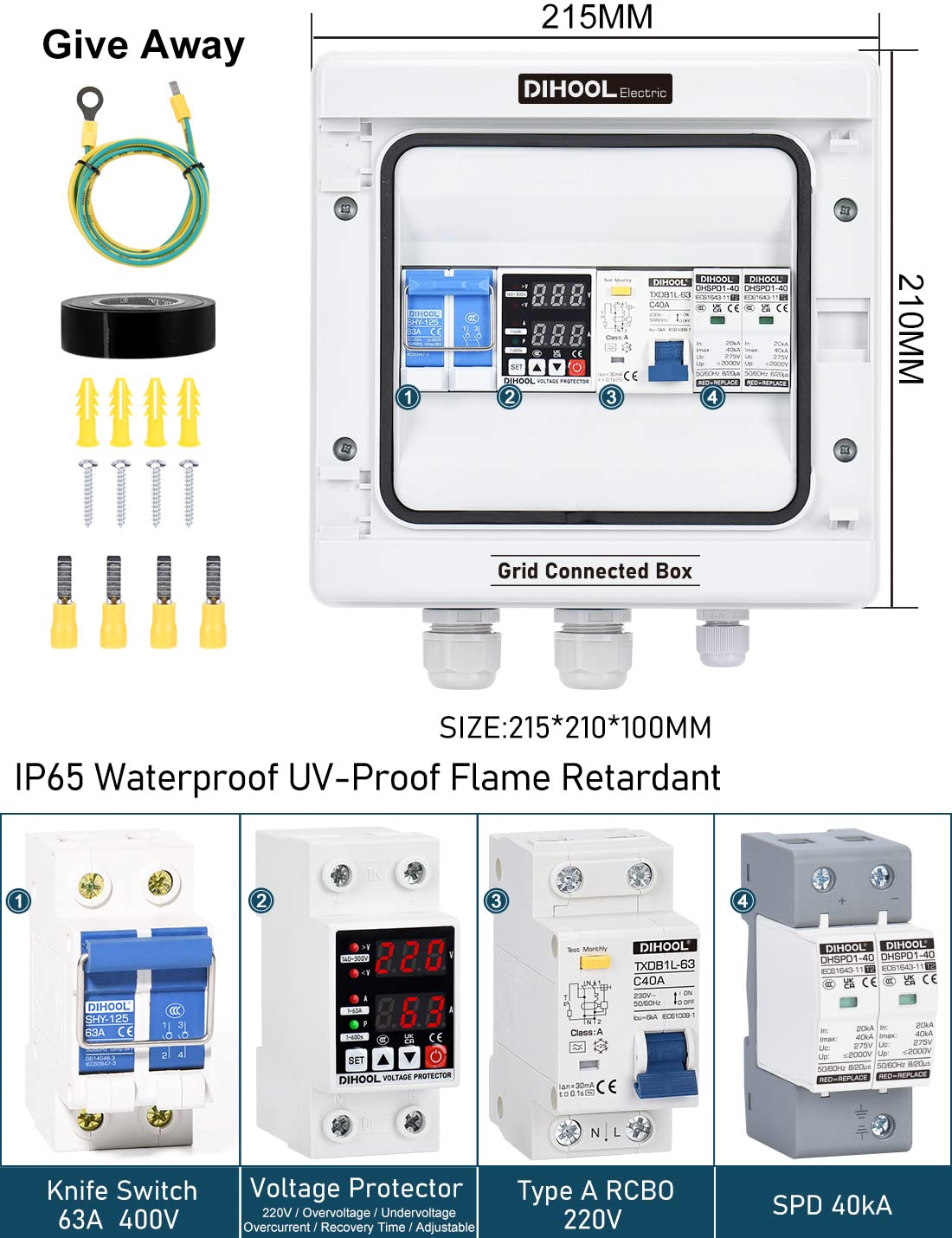 DIHOOL Off Grid Solar Power Systems AC 220V Breaker Box Solar Disconnect Switch pv Combiner Box on Off Grid Living Supplies
