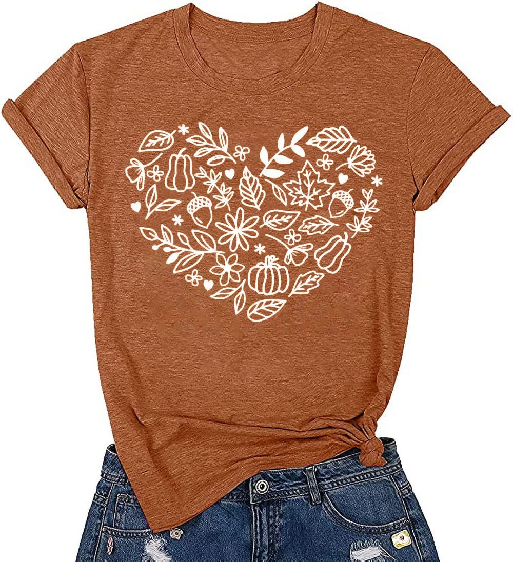 Fall Heart T-Shirt for Women Family Halloween Thanksgiving Tops Cute Autumn Floral Pumpkin Heart Graphic Tees(As Shown,XL)