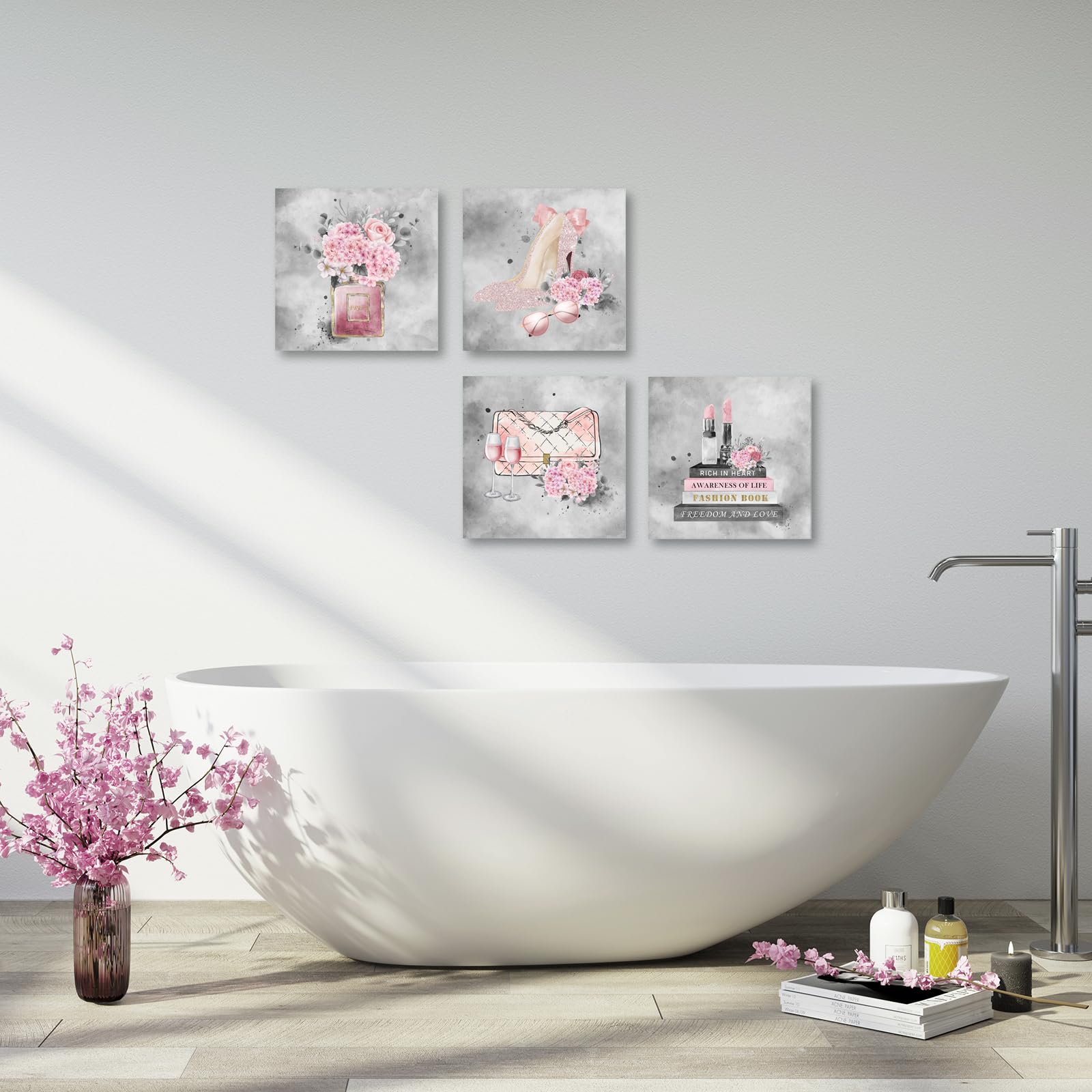 Wall Art Prints Pictures Pink Wall Decor for Bedroom Women Perfume Artwork Girl Bag Paintings for Wall Decorations 10"x 10"x 4 Pieces
