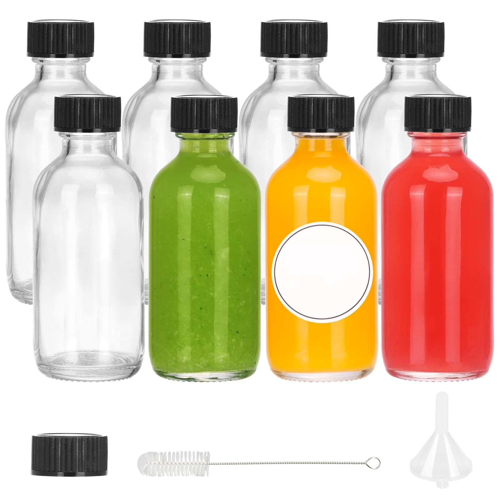 CUCUMI 8pcs Glass Bottles with Caps, 2oz Small Glass Juice Bottles, Shot Bottles with Caps, Small Glass Jars with Lids, Funnels, Waterproof Stickers and Brush