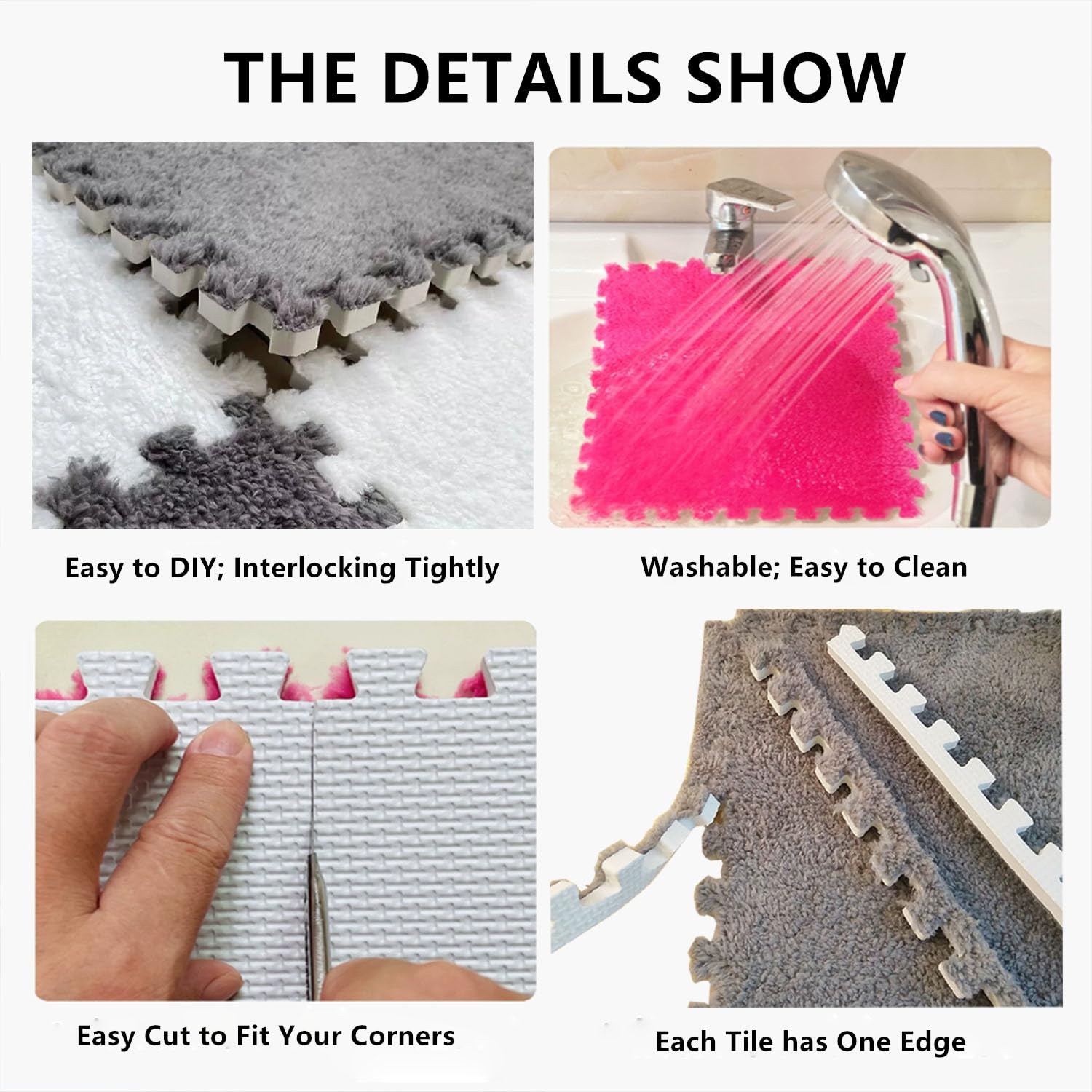 12 Pcs Shaggy Interlocking Foam Carpet Tiles - 12" x 12", 12 Sq,Ft Kids Carpet Squares Protective Floor Mats Crawling Exercise Area Rugs for Children Room, Home or Classroom Use, Black