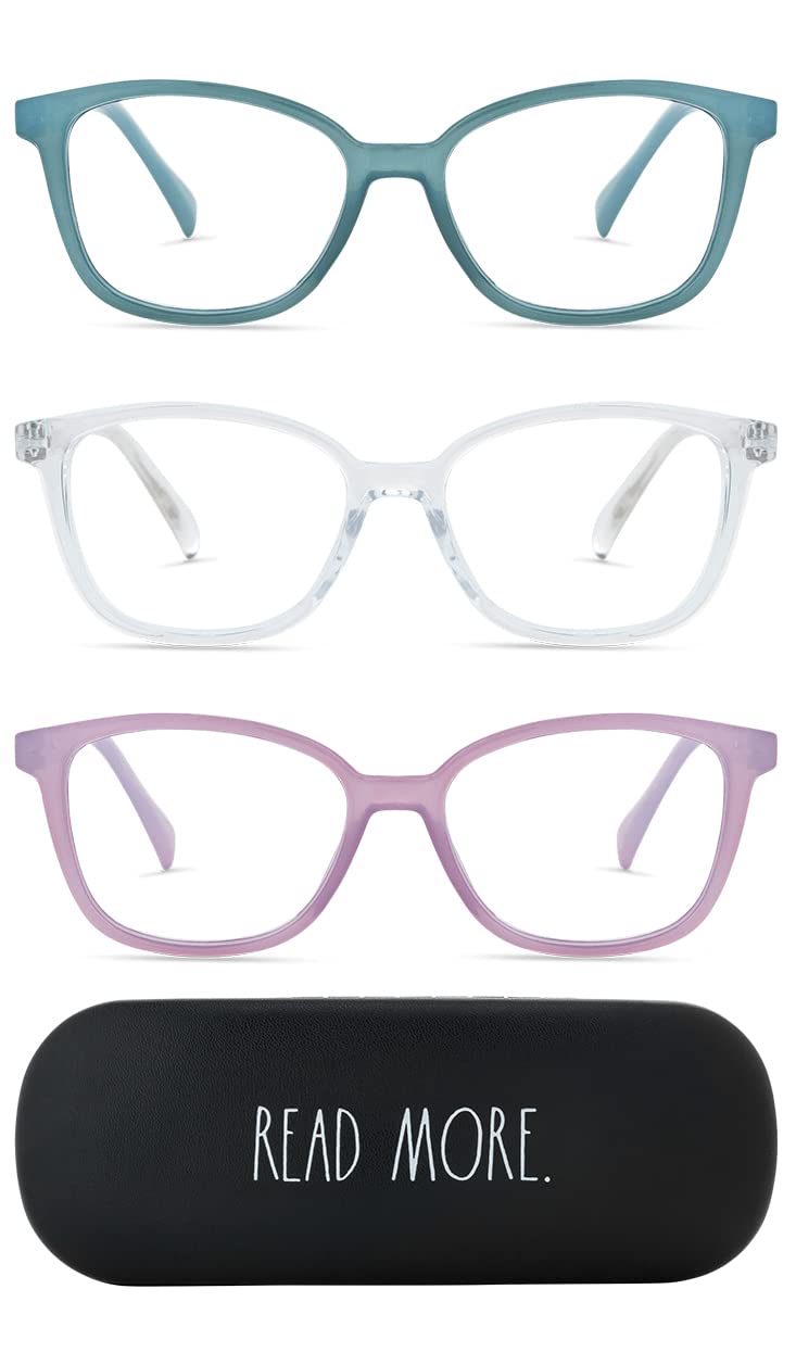 Rae Dunn "NALA Premium Reading Glasses - 3 Pack w/READ MORE Signature Font Hard Case (Milky Lavender/Milky Greyish Blue/Crystal Clear, 2.0, multiplier_x)
