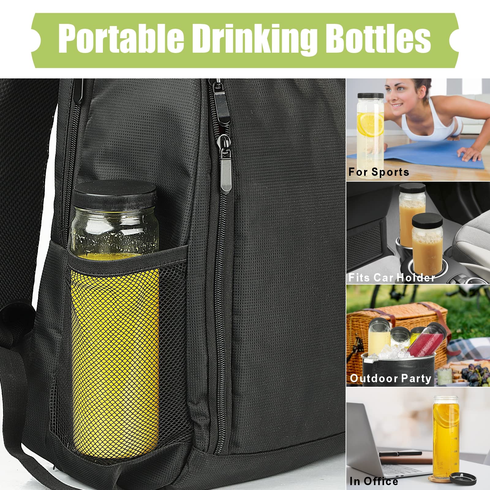 Huichuiero [6 Pack] 20 Oz Glass Juicing Bottles w Airtight Lids - Reusable Drinking Jars w Scale Marker, Travel Water Cups - Tall Mason Jar for Kombucha, Vanilla Extract(Extra 2 Lids)