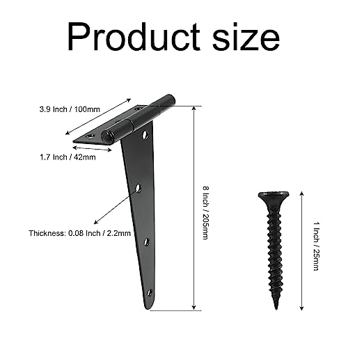 Hordion 2Pcs Heavy Duty T Strap Hinges, 8 Inch Gate Hinges, Matte Black Barn Door Hinges, Iron Tee Hinge Shed Door Hinges Rustproof, Outdoor Hinges for Wooden Fences, Farmhouse, Yard (with Screws)