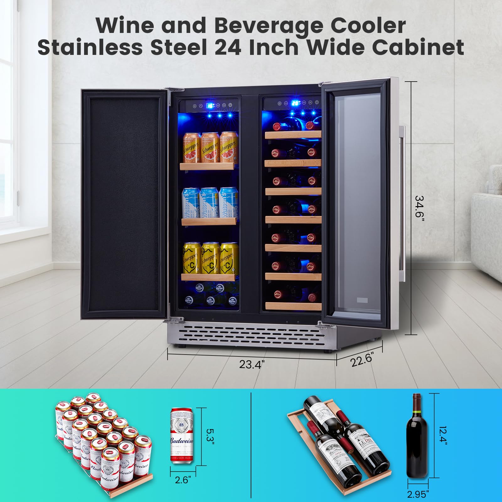 Wine Cooler Beverage Refrigerator, 24” Wine Fridge with Dual-Zone Digital Temperature Control, Glass Front Doors and Interior Lighting Holds 20 Bottles and 88 Cans on Removable Shelves