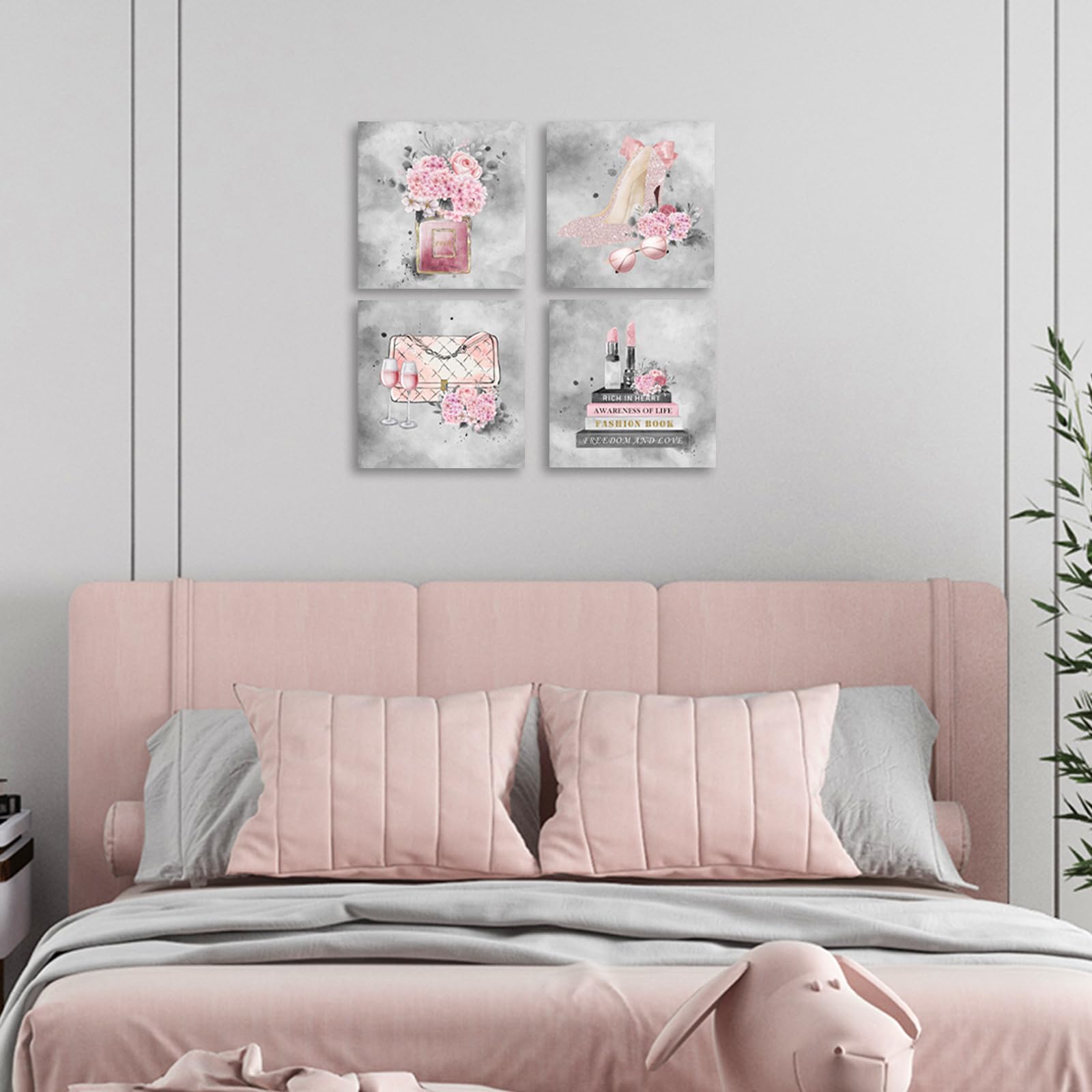Wall Art Prints Pictures Pink Wall Decor for Bedroom Women Perfume Artwork Girl Bag Paintings for Wall Decorations 10"x 10"x 4 Pieces