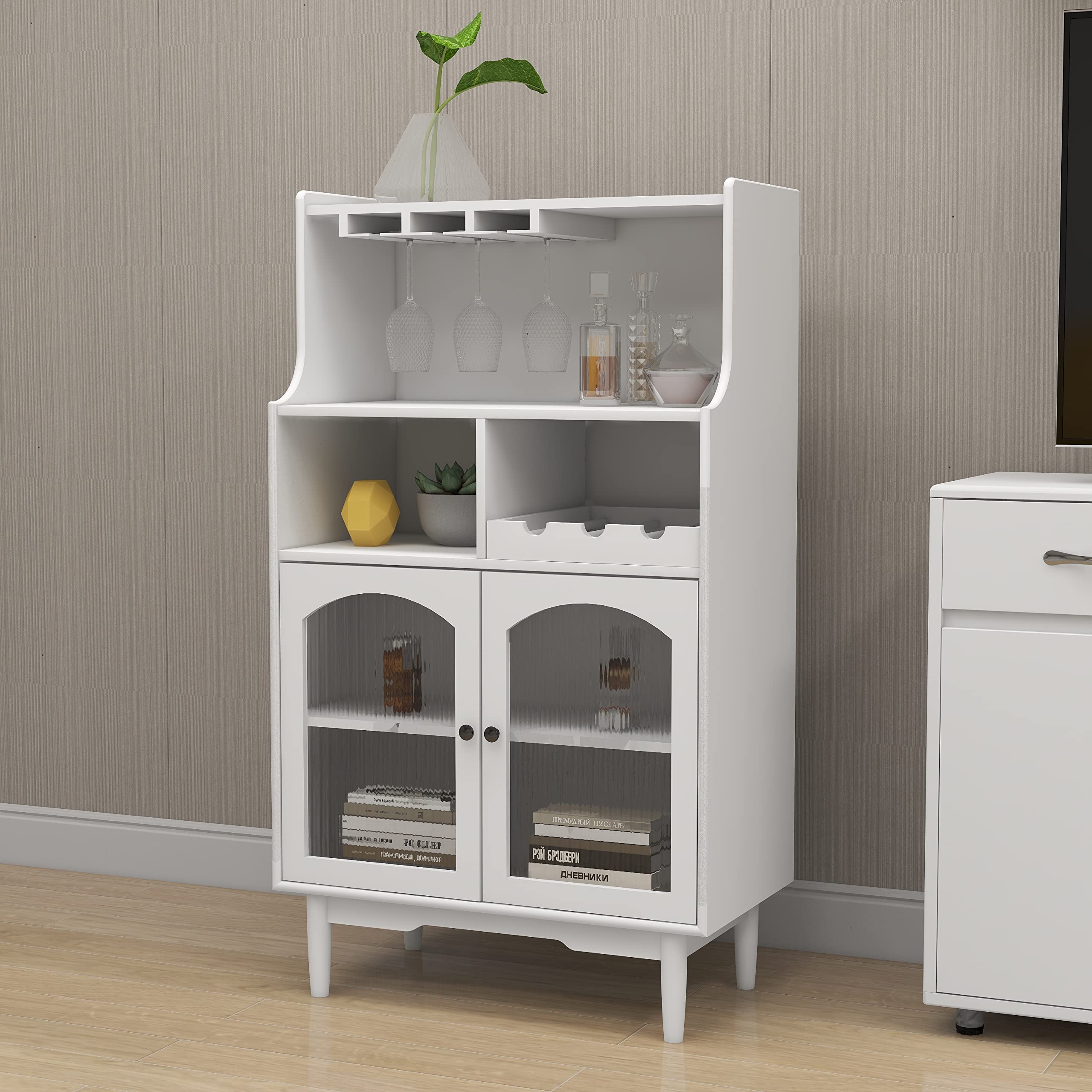 Loscear Liquor Bar Cabinet with Lower Glass Door and Removable Wine and Glass Rack, Liquor Cabinet Bar for Home with Solid Wood Legs