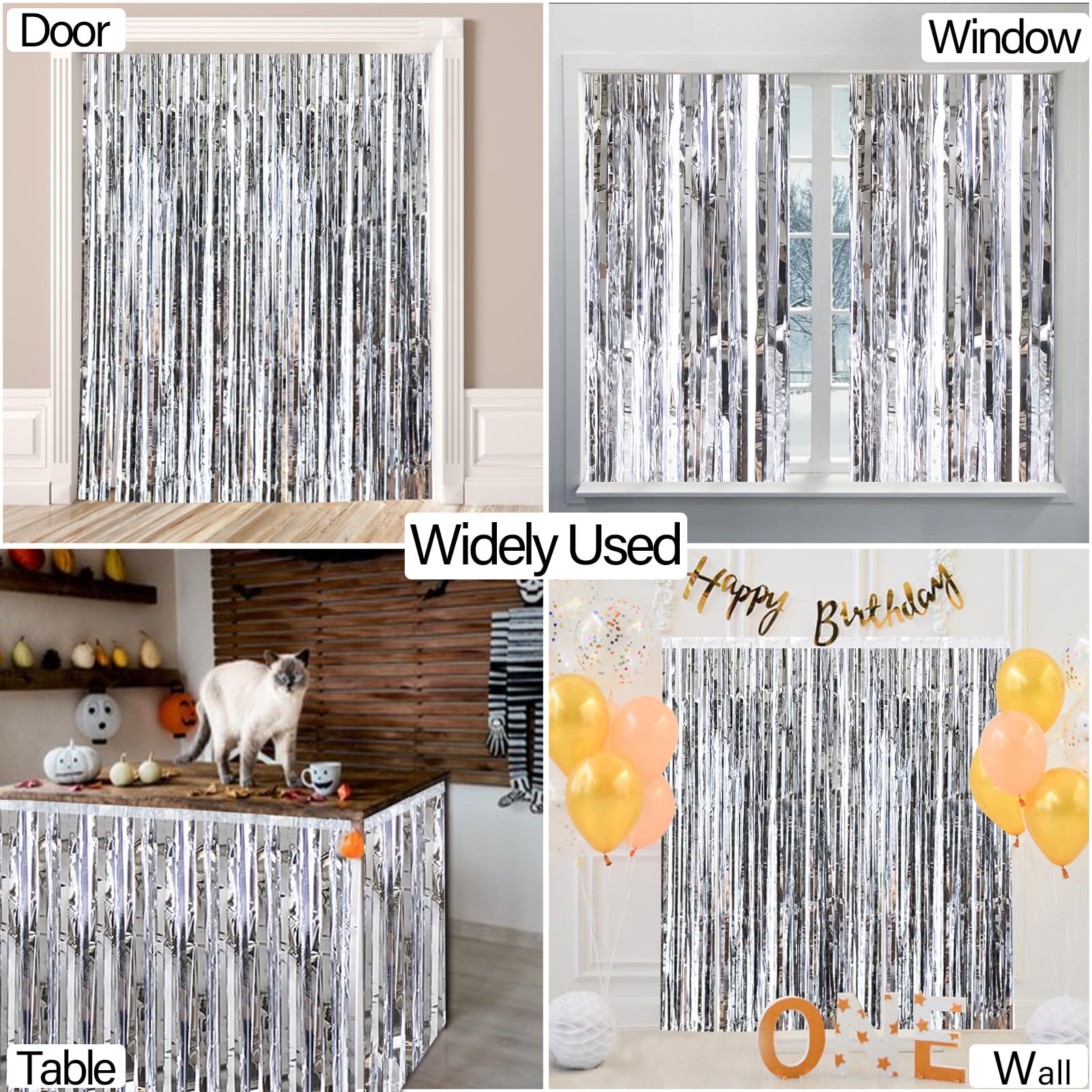 Silver Foil Fringe Backdrop Curtains, 2 Pack of 3.28 ft x 8.28 ft Metallic Tinsel Foil Fringe Streamer Photo Booth Props Backdrop for New Year Christmas Birthday Wedding Party Decorations