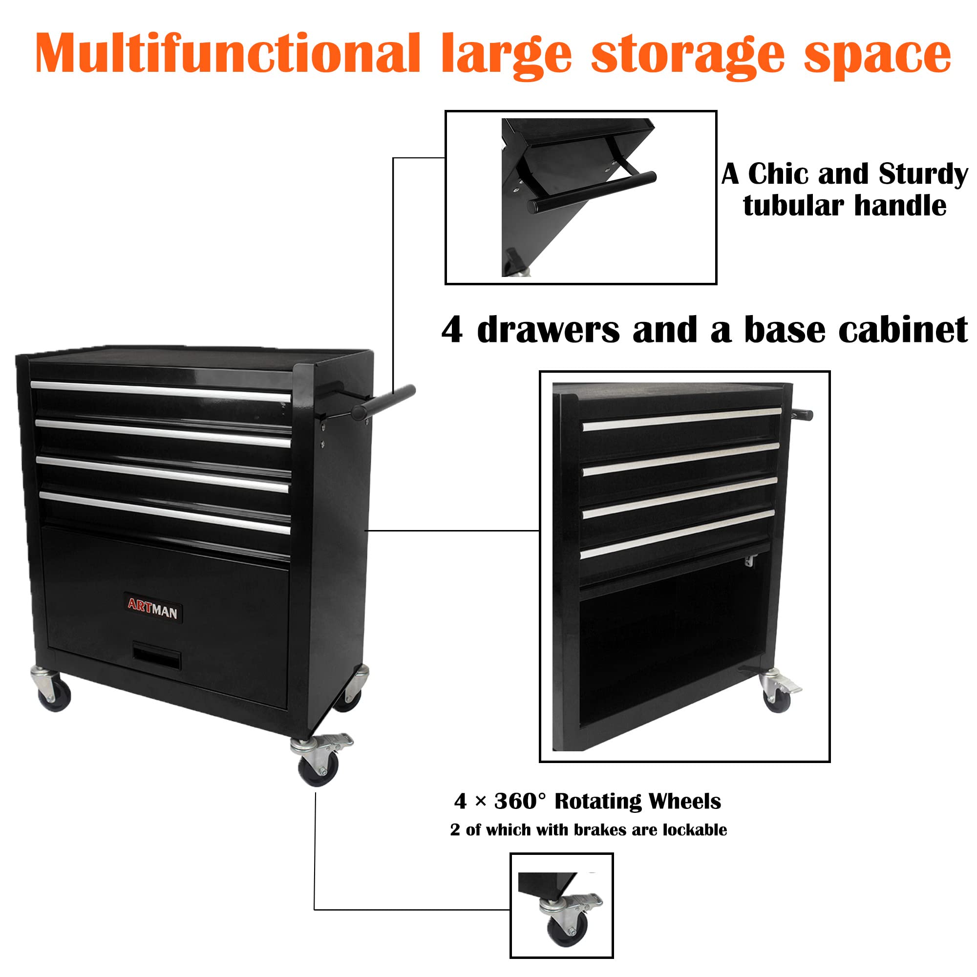 nifoti 4 Drawers Tool Cart on Wheels,Rolling Tool Box Tool Storage, Drawers Rolling Tool Box Organizer Tool Case for Garage, Warehouse, Workshop, Repair Shop (4 Drawers(Black))
