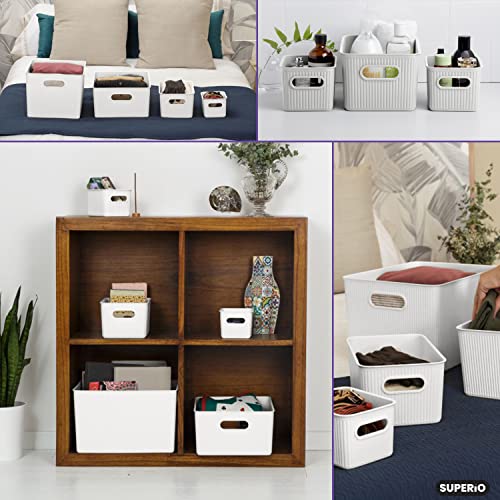 Superio Decorative Plastic Lidded Home Storage Bins Organizer Baskets, Medium White (1 Pack - 5 Liter) Stackable Container Box, for Organizing Closet Shelves Drawer Shelf - Ribbed Collection
