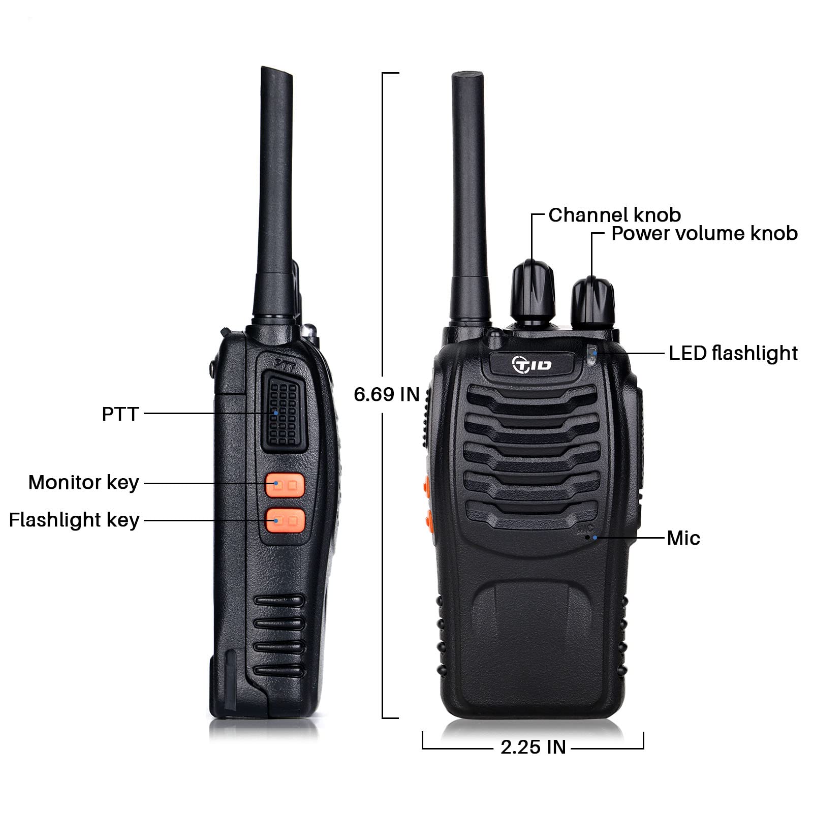 TIDRADIO TD-V2 Walkie Talkies for Adults Long Range, Frequency Copy, Rechargeable Two Way Radio Earpiece with MIC,16 Channels Handheld Walkie-Walkie for Kids(2 Pack, Black)