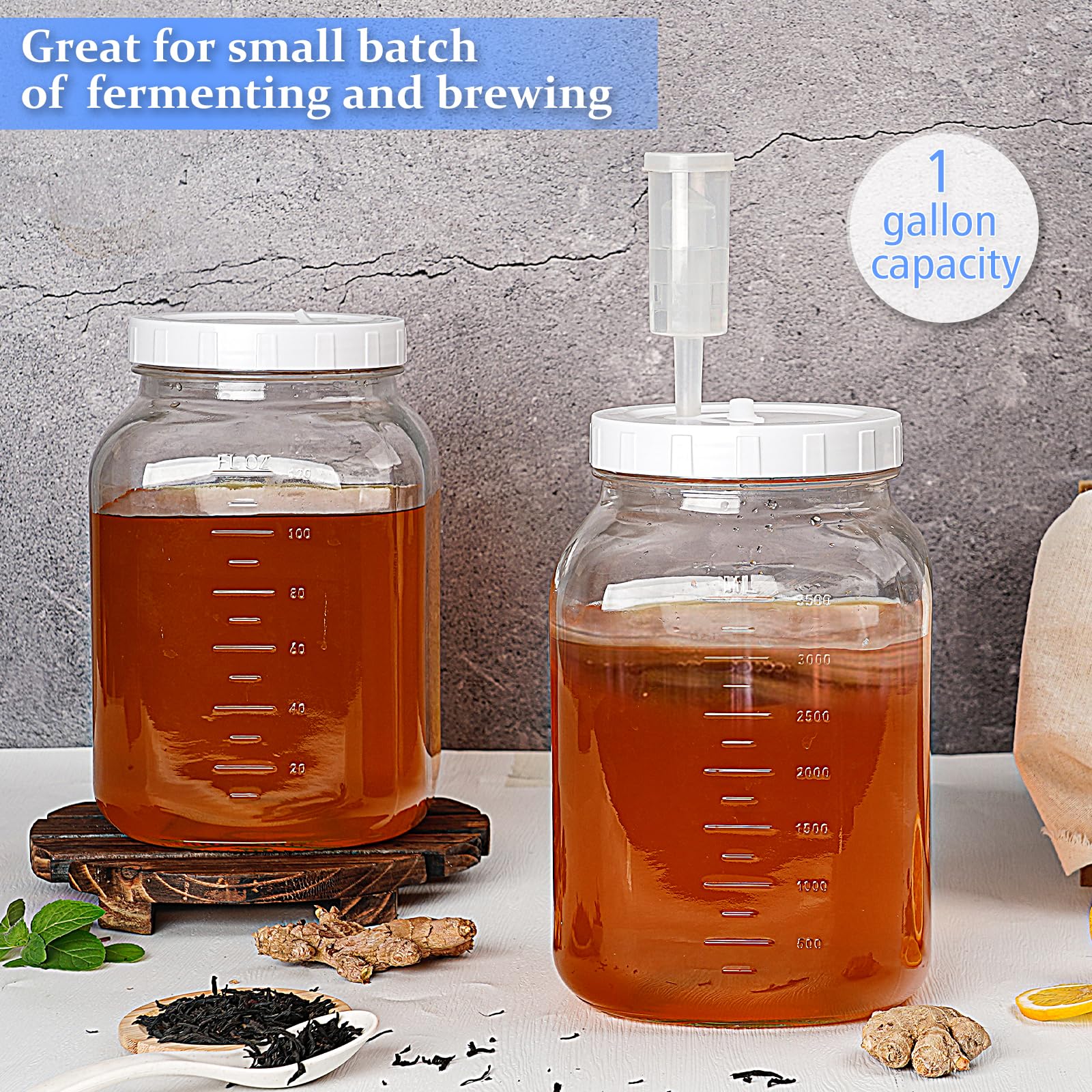 2 Pack 1 Gallon Large Fermentation Jars w 2 SCREW Lid and 3 Airlock - 100% Airtight Lid, Wide Mouth Glass Jar, Pickle Jar w Scale Mark for Sourdough Starter