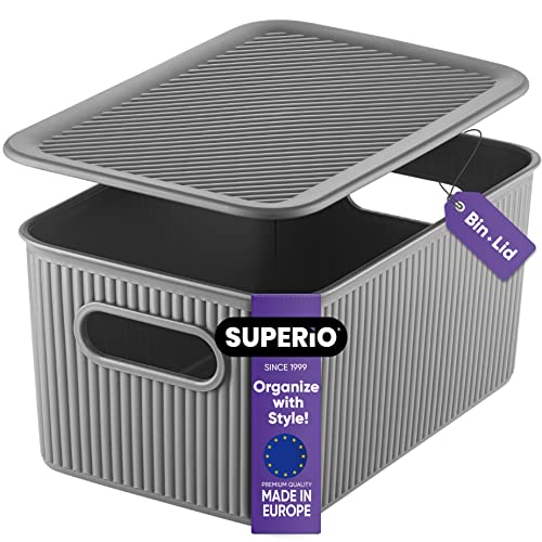 Superio Decorative Plastic Lidded Home Storage Bins Organizer Baskets, Medium Grey (1 Pack - 5 Liter) Stackable Container Box, for Organizing Closet Shelves Drawer Shelf - Ribbed Collection
