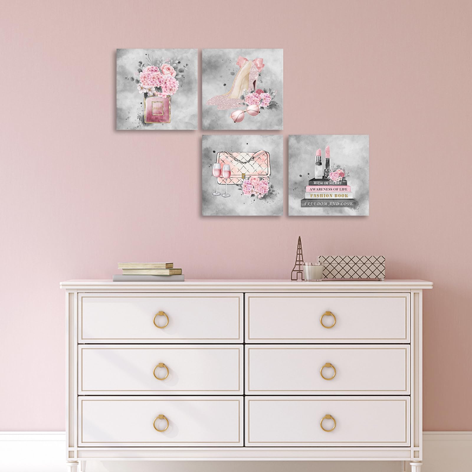 Wall Art Prints Pictures Pink Wall Decor for Bedroom Women Perfume Artwork Girl Bag Paintings for Wall Decorations 10"x 10"x 4 Pieces
