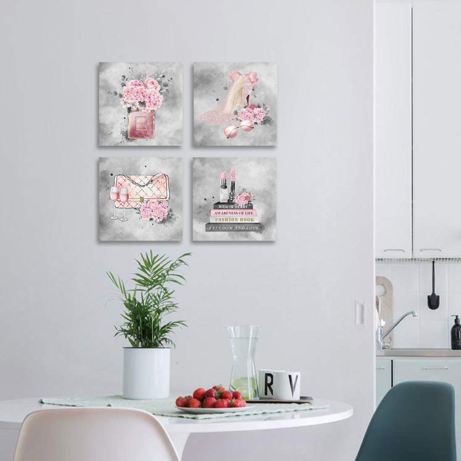 Wall Art Prints Pictures Pink Wall Decor for Bedroom Women Perfume Artwork Girl Bag Paintings for Wall Decorations 10"x 10"x 4 Pieces