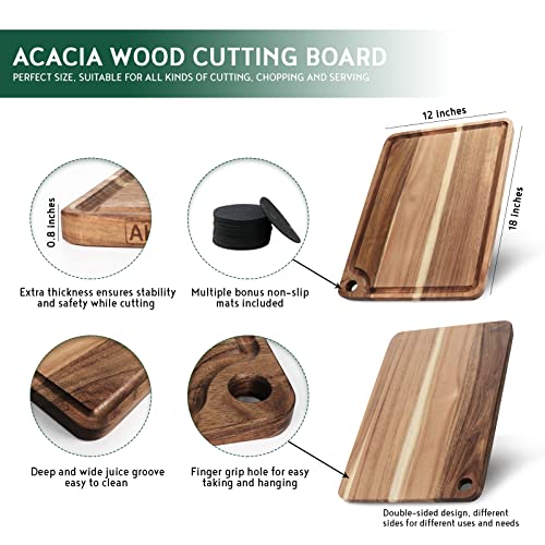 AZRHOM Large Wood Cutting Board for Kitchen 18x12 with Juice Groove Handle Non-slip Mats Hanging Hole for Meat Vegetables Cheese Chopping Board Butcher Block (Acacia)
