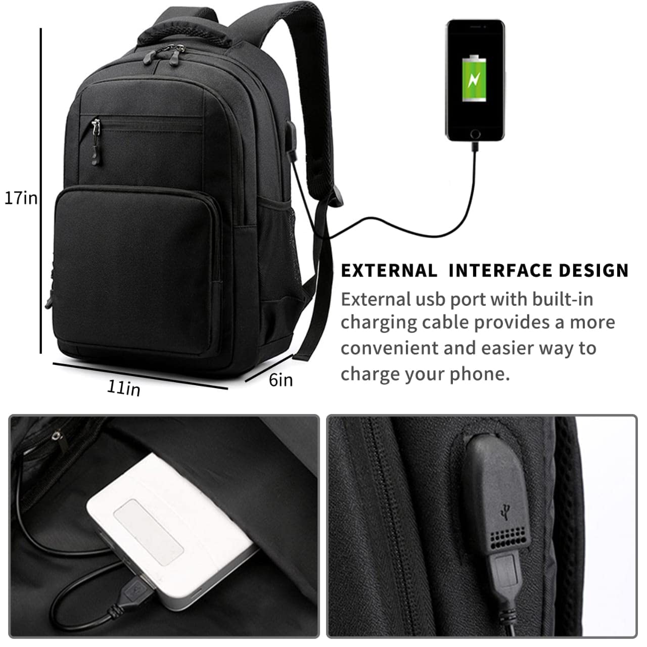 Laptop Backpack black bookbag for travel work teacher computer,waterfroof 15.6 Inch Rucksack with USB Charging Port, Waterproof Bag Men Women.