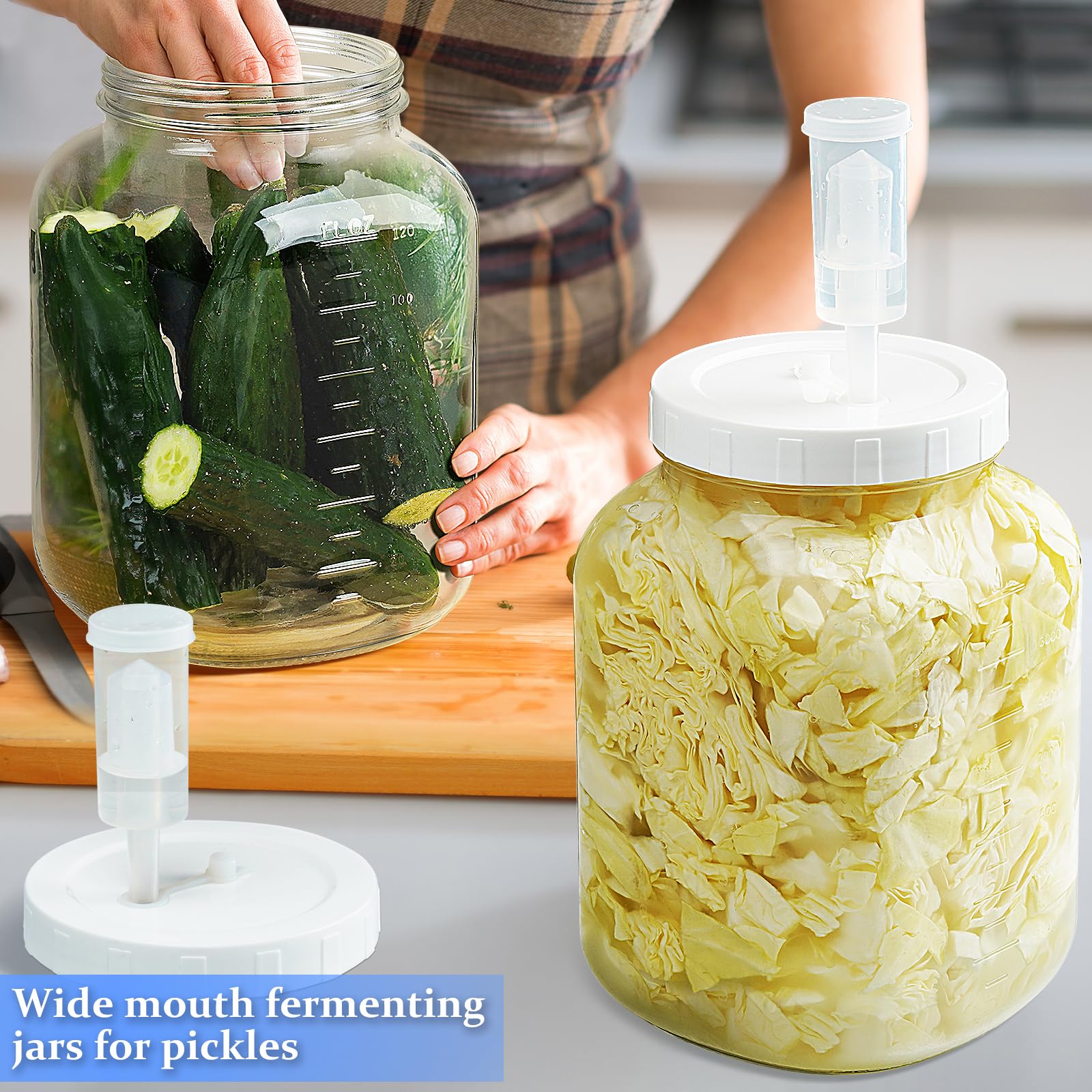 2 Pack 1 Gallon Large Fermentation Jars w 2 SCREW Lid and 3 Airlock - 100% Airtight Lid, Wide Mouth Glass Jar, Pickle Jar w Scale Mark for Sourdough Starter