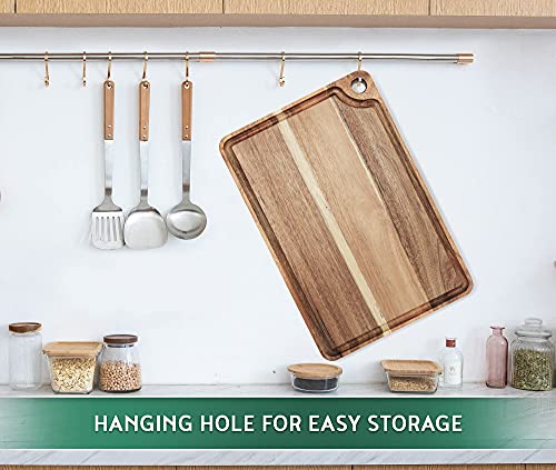 AZRHOM Large Wood Cutting Board for Kitchen 18x12 with Juice Groove Handle Non-slip Mats Hanging Hole for Meat Vegetables Cheese Chopping Board Butcher Block (Acacia)