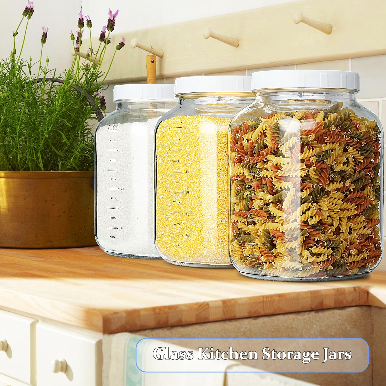 2 Pack 1 Gallon Large Fermentation Jars w 2 SCREW Lid and 3 Airlock - 100% Airtight Lid, Wide Mouth Glass Jar, Pickle Jar w Scale Mark for Sourdough Starter