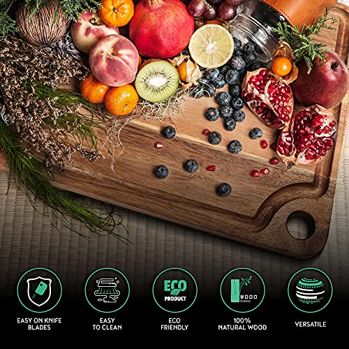 AZRHOM Large Wood Cutting Board for Kitchen 18x12 with Juice Groove Handle Non-slip Mats Hanging Hole for Meat Vegetables Cheese Chopping Board Butcher Block (Acacia)